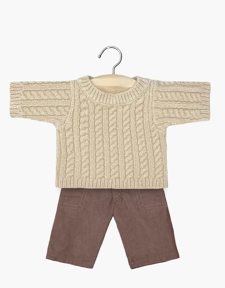 Minikane | Ensemble Julian pull en maille torsadé beige et son pantalon Samy en milleraies châtaigne